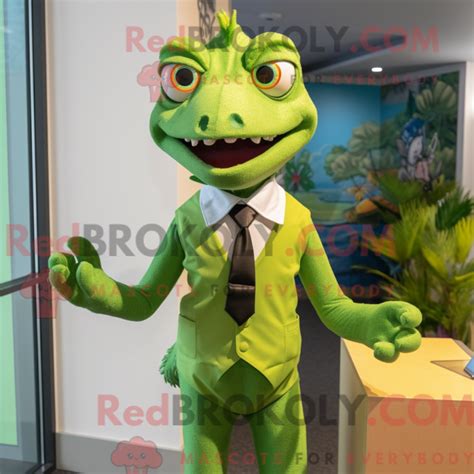 Lime Green Lizard Mascot Costume Character Dressed With A Poplin Shirt