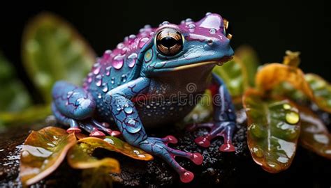 A Cute Small Green Toad Sitting On A Wet Leaf Generated By Ai Stock