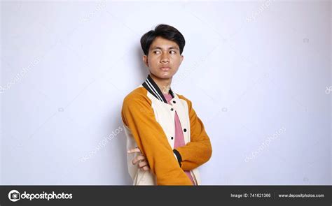 Casual Young Handsome Asian Man Wearing Jacket Gesturing Flat