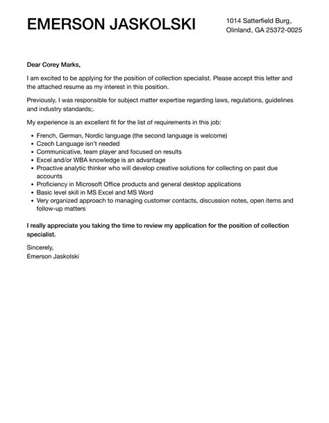 Collection Specialist Cover Letter Velvet Jobs