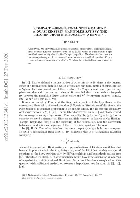 Pdf Compact 4 Dimensional Spin Gradient M Quasi Einstein Manifolds Satisfy The Hitchin