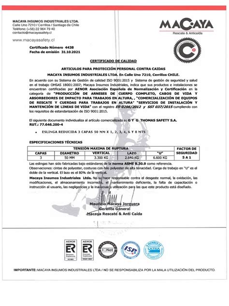 Certificado Eslinga 3 Capas 50mm Pdf