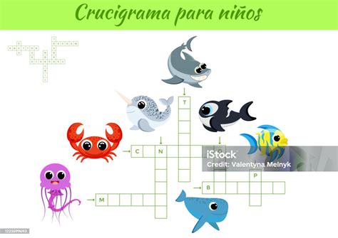 아이들을위한 크로스 워드 퍼즐 사진과 크로스 워드 퍼즐 게임 아이 활동 워크 시트 다채로운 인쇄 버전입니다 학습 스페인어 단어에 대한 교육 게임 벡터 스톡