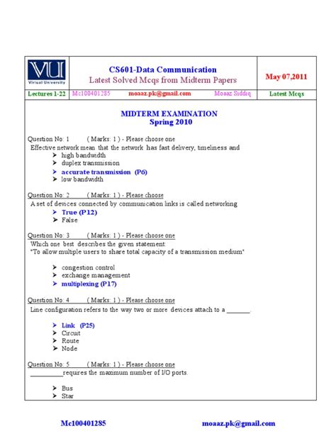 Cs601 Midterm Solved Mcqs With References By Moaaz Pdf Pdf Modulation Network Topology