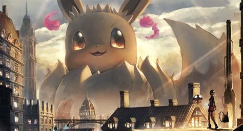 Download Giant Eevee Fantasy Cityscape Wallpaper