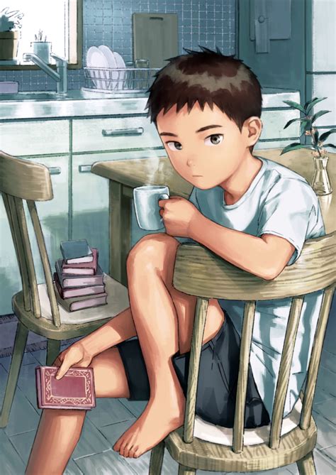 Safebooru 1boy B Gent Barefoot Black Hair Blue Eyes Book Chair Cup