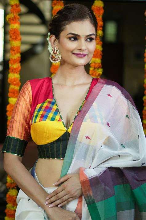 Multicolour Checked Patchwork V Neck Blouse House Of Blouse