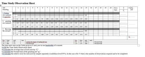 Time Study Observation Sheet 1 2 3 4 5 6 7 8 9 10 11
