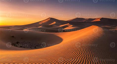 Golden Hour Sand Dunes Landscape With Ripples At Sunset In Vast Desert