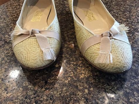 Ferragamo Raffia Grosgrain Ribbon Ballet Flats Beige Gem