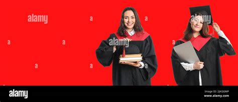 Female Graduating Students On Red Background With Space For Text Stock