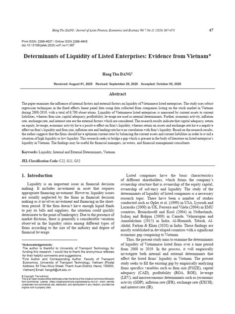 Determinants Of Liquidity Of Listed Enterprises Evidence From Vietnam