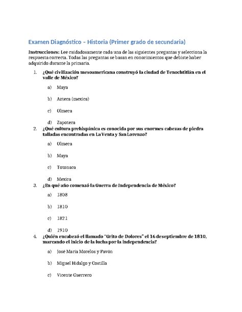 Examen Diagnóstico De Historia 1er Grado Secundaria Respuestas