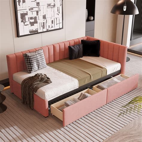 Linen Fabric Upholstered Daybed With 2 Storage Drawers And Twin Size