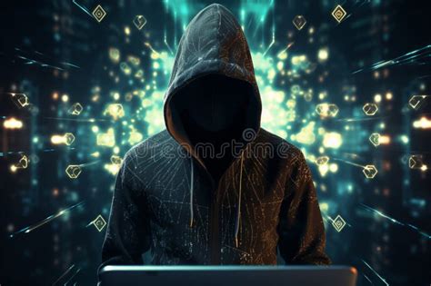Dark Clothed Hacker Confronts Digital Matrix Personifying Social