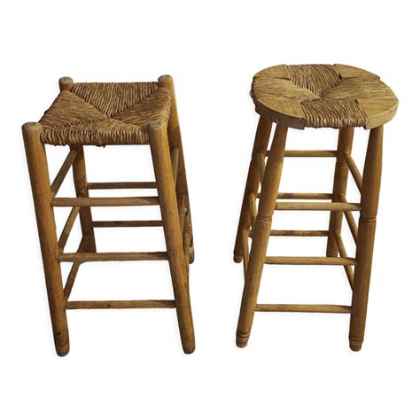 2 Tabourets En Osier Et Bois Rustique Selency
