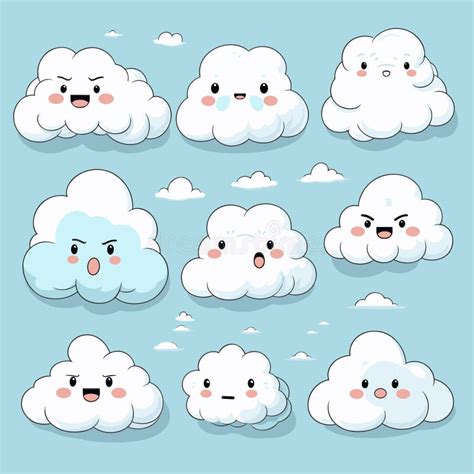 Set Of Cloud Shaped Emoji With Different Mood Kawaii Cute Clouds