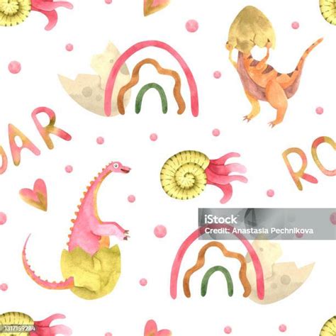 손으로 그린 수채화 아기 공룡과 무지개는 흰색 배경에 껍질과 함께 원활한 패턴으로 달걀 매끄러운 패턴 어린이를위한 디노 배경 수채화에 대한 스톡 벡터 아트 및 기타 이미지