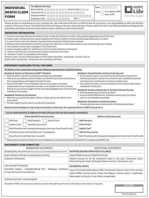 Individual Death Claim Form Important Information Pdf Identity