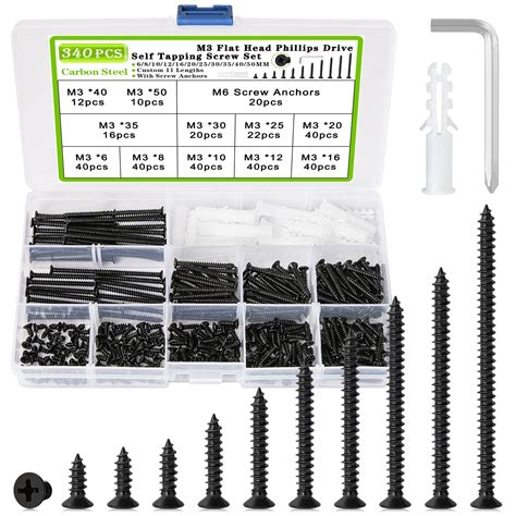 Tleep 340pcs M3 Self Tapping Screws Kit Carbon Steel Black Wood
