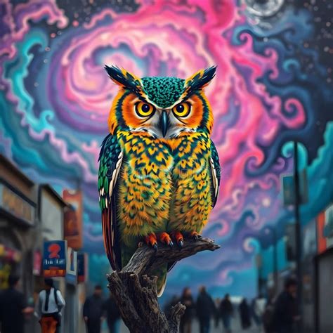 Psychedelic Owl Portrait With Cityscape Background â€ Vibrant Colors