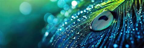 Close Up View Of A Peacock Feather Adorned With Delicate Dew Drops On A