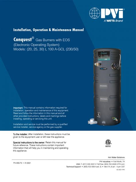Conquest Installation 2c Operation And Maintenance Manual 500 73 Pdf Water Heating