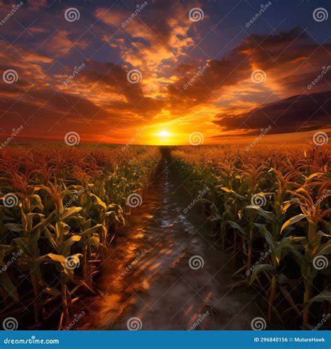 A Path In A Corn Field At Sunset Or Sunrise Corn As A Dish Of
