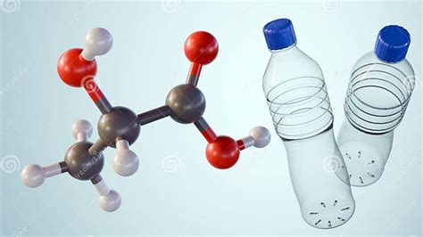 Lactic Acid Molecules Floats Above Blue Plastic Water Bottles Stock