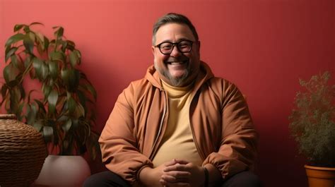 Premium Photo Radiant Smile Fat Man In Glasses Sitting Crossarmed