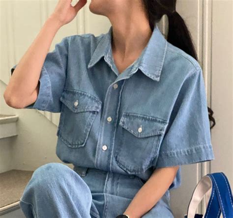 런던플랏 여자 데님 셔츠 화이트 청 남방 여성 반팔 셔츠 유인어스 모우 프영띵 실물대박