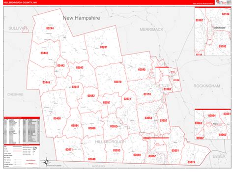 Hillsborough County Nh Zip Code Wall Map Red Line Style By Marketmaps