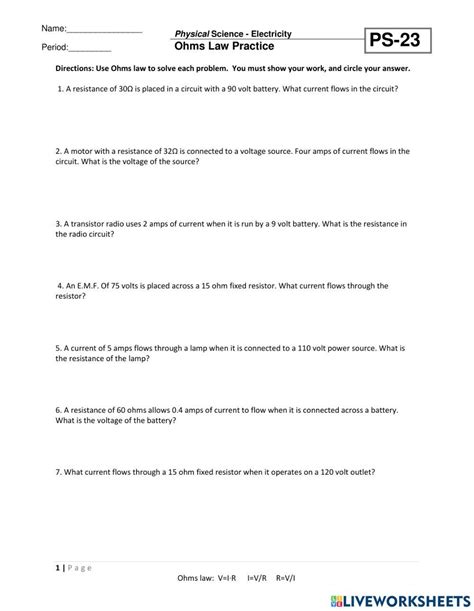 Ohms Law Worksheet Download Free Pdf Quantity Force Worksheets