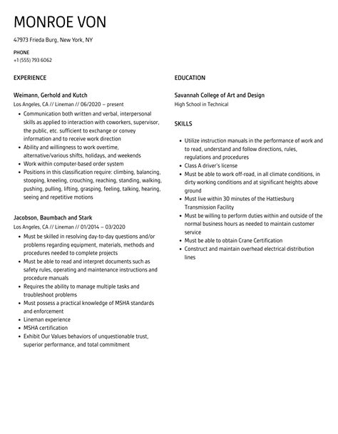 Lineman Resume Samples Velvet Jobs
