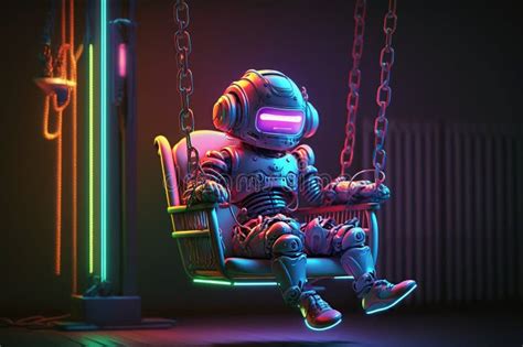 Robot In Neon Lights On A Swing Rest Illustration Generative Ai Stock