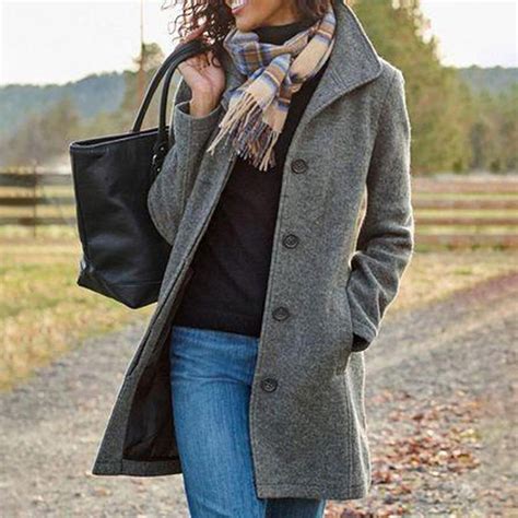 Floleo Womens Pea Coat Notch Lapel Single Breasted Long Winter Warm