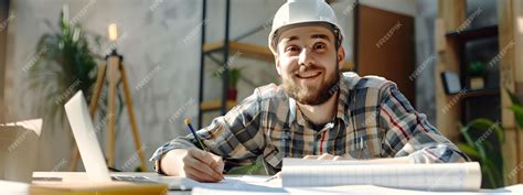 Hardworking Engineer Drafting Blueprint In Creative Office Space Premium Ai Generated Image