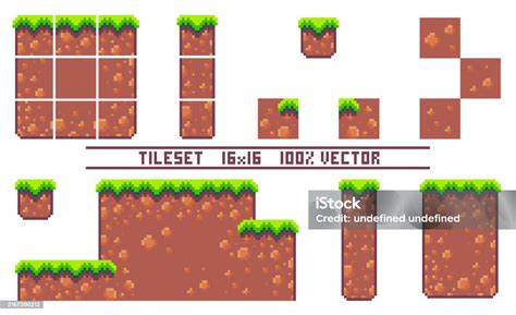 Pixel Art Tile Set For 2d Retro Game A Set Of Ground Tiles With Grass For Platformer Location