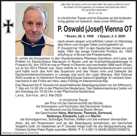 Traueranzeigen Von P Oswald Josef Vienna Ot Trauerbz