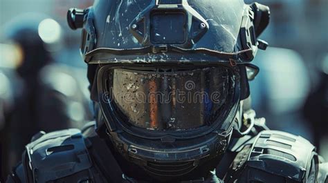 Close Up View Of A Heavily Armored Soldier At A Tactical Training Drill In An Urban Environment
