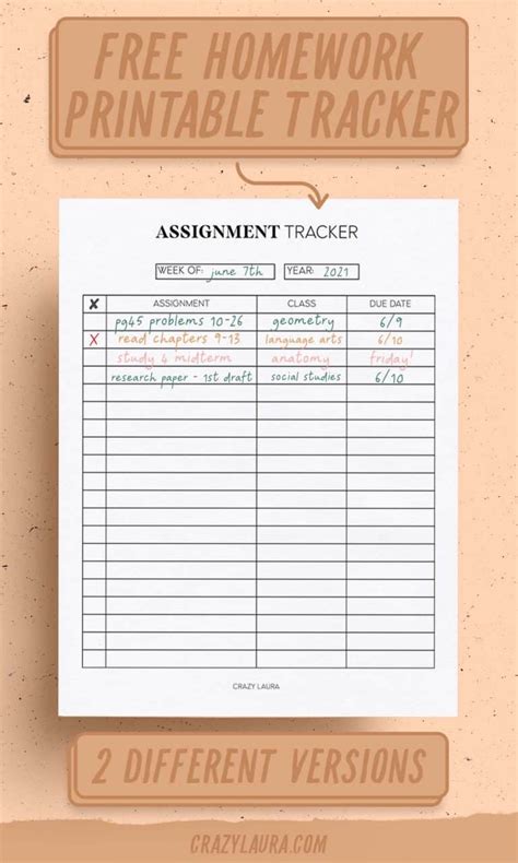 Free Assignment Tracker With Simple And Detailed Versions Crazy Laura