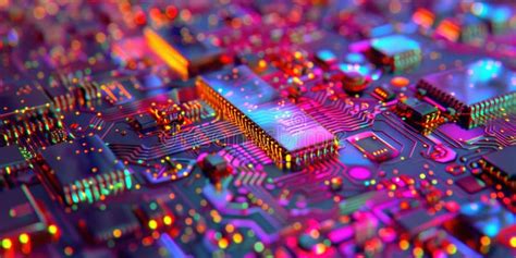 Close Up View Of Circuit Board With Glowing Lights Digital Art Concept Aig49 Stock