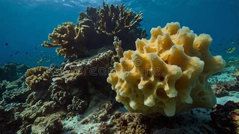 Yellow Sea Sponge Thriving In A Vibrant Coral Reef Ecosystem Stock