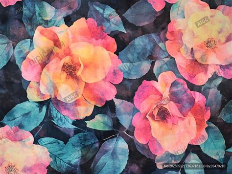 Ai创作图水彩 花卉 图案 花朵 叶子 色彩 绚烂 植物 绘画 纹理 装饰 背景 艺术 设计 唯美 昵图网