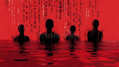Criminal Hacker Emerges From The Water Red Color Matrix Style Binary