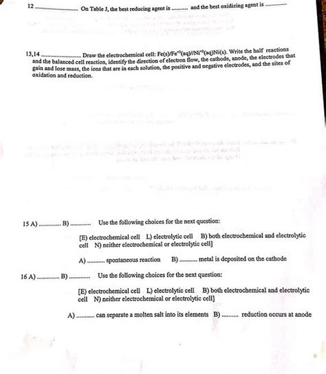 Solved 12 On Table J The Best Reducing Agent Is And The