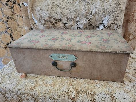 Antique Large French Vintage Authentic Shabby Gants Floral Fabric Box