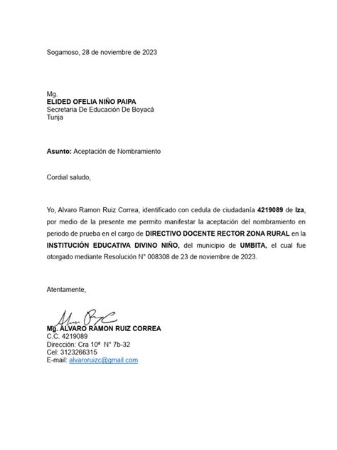 Aceptación Nombramiento Rector Rural Pdf