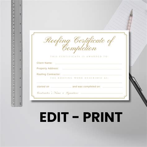 Editable Roofing Certificate Completion Template Digital Download Etsy