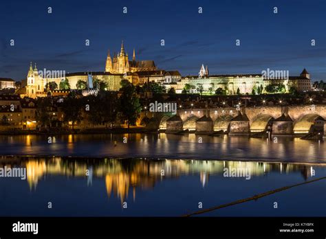 View Of Lit Prague Hradcany Castle Charles Bridge Karluv Most And